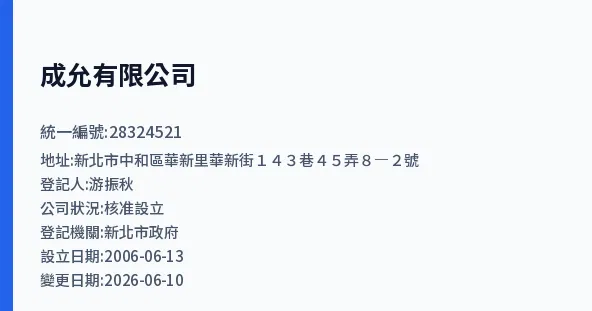 成允有限公司的照片-統編 28324521(新北市) 公司登記資料與營業項目詳細圖表