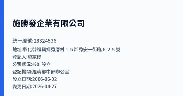 施勝發企業有限公司的照片-統編 28324536(彰化縣) 公司登記資料與營業項目詳細圖表