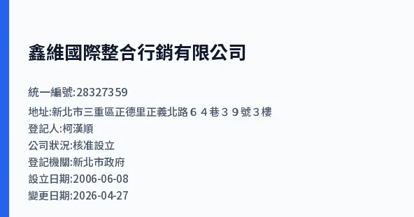 鑫維國際整合行銷有限公司的照片-統編 28327359(新北市) 公司登記資料與營業項目詳細圖表