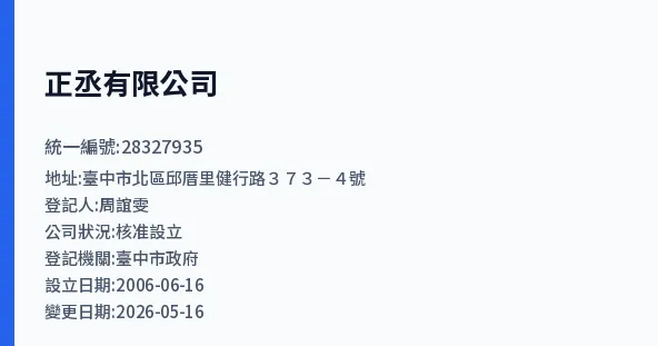 正丞有限公司的照片-統編 28327935(臺中市) 公司登記資料與營業項目詳細圖表