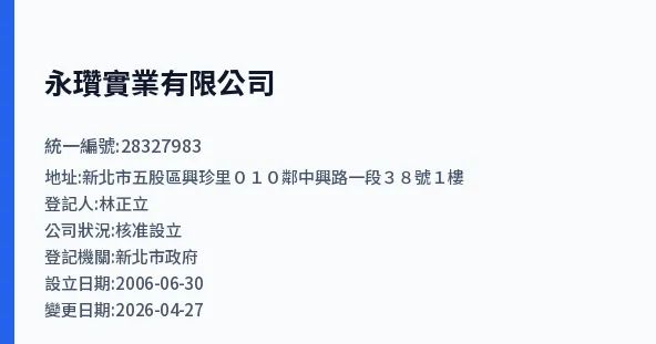 永瓚實業有限公司的照片-統編 28327983(新北市) 公司登記資料與營業項目詳細圖表