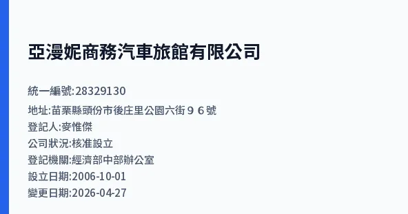 亞漫妮商務汽車旅館有限公司的照片-統編 28329130(苗栗縣) 公司登記資料與營業項目詳細圖表
