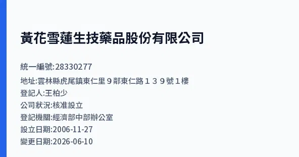 黃花雪蓮生技藥品股份有限公司的照片-統編 28330277(雲林縣) 公司登記資料與營業項目詳細圖表