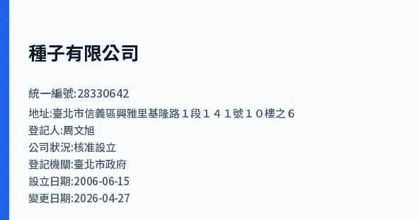 種子有限公司的照片-統編 28330642(臺北市) 公司登記資料與營業項目詳細圖表