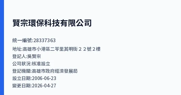 賢宗環保科技有限公司的照片-統編 28337363(高雄市) 公司登記資料與營業項目詳細圖表