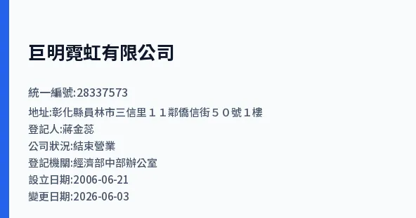 巨明霓虹有限公司的照片-統編 28337573(彰化縣) 公司登記資料與營業項目詳細圖表