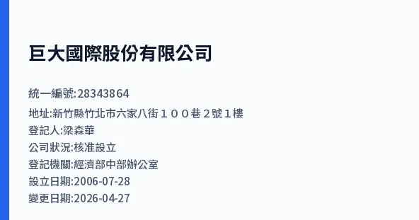 巨大國際股份有限公司的照片-統編 28343864(新竹縣) 公司登記資料與營業項目詳細圖表