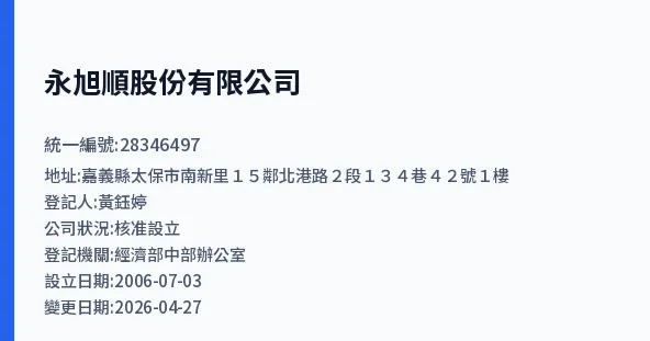 永旭順股份有限公司的照片-統編 28346497(嘉義縣) 公司登記資料與營業項目詳細圖表