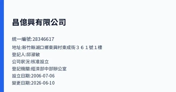 昌億興有限公司的照片-統編 28346617(新竹縣) 公司登記資料與營業項目詳細圖表