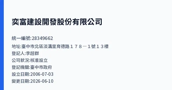 奕富建設開發股份有限公司的照片-統編 28349662(臺中市) 公司登記資料與營業項目詳細圖表