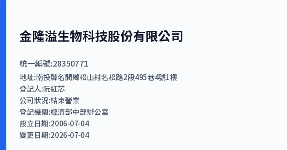 金隆溢生物科技股份有限公司的照片-統編 28350771(南投縣) 公司登記資料與營業項目詳細圖表