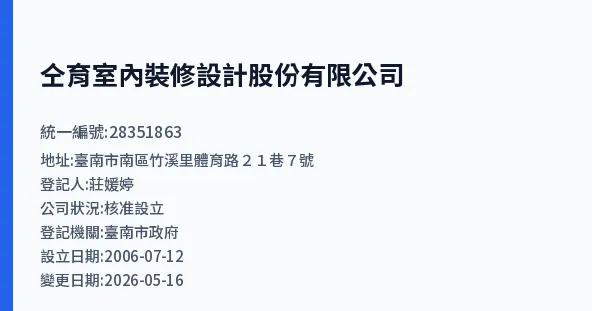 仝育室內裝修設計股份有限公司的照片-統編 28351863(臺南市) 公司登記資料與營業項目詳細圖表
