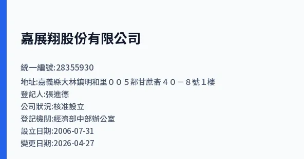 嘉展翔股份有限公司的照片-統編 28355930(嘉義縣) 公司登記資料與營業項目詳細圖表