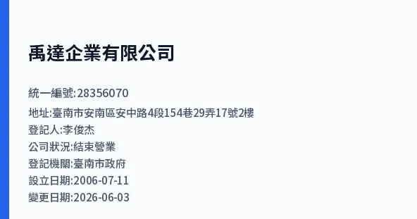禹達企業有限公司的照片-統編 28356070(臺南市) 公司登記資料與營業項目詳細圖表