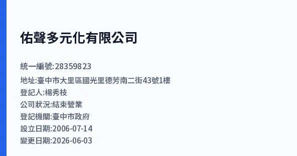 佑聲多元化有限公司的照片-統編 28359823(臺中市) 公司登記資料與營業項目詳細圖表