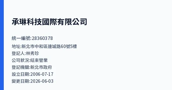 承琳科技國際有限公司的照片-統編 28360378(新北市) 公司登記資料與營業項目詳細圖表