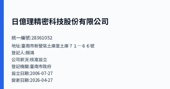 日億理精密科技股份有限公司的照片-統編 28361052(臺南市) 公司登記資料與營業項目詳細圖表