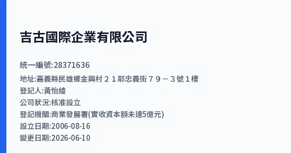 吉古國際企業有限公司的照片-統編 28371636(嘉義縣) 公司登記資料與營業項目詳細圖表