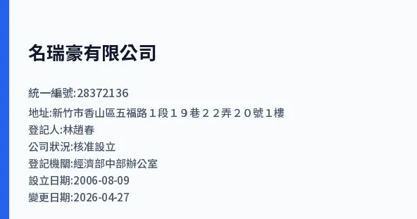名瑞豪有限公司的照片-統編 28372136(新竹市) 公司登記資料與營業項目詳細圖表