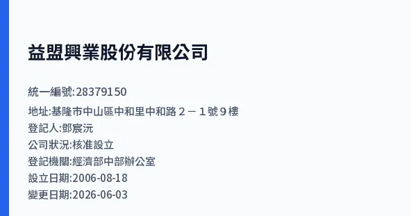 益盟興業股份有限公司的照片-統編 28379150(基隆市) 公司登記資料與營業項目詳細圖表