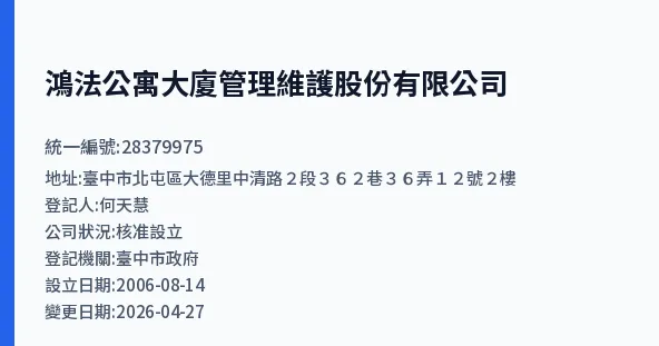鴻法公寓大廈管理維護股份有限公司的照片-統編 28379975(臺中市) 公司登記資料與營業項目詳細圖表