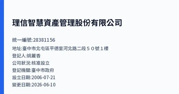 理信智慧資產管理股份有限公司的照片-統編 28381156(臺中市) 公司登記資料與營業項目詳細圖表