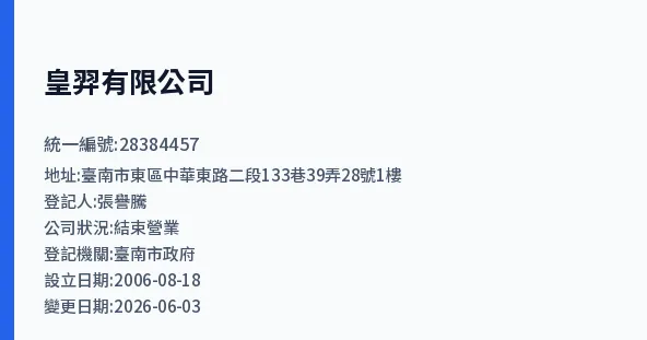 皇羿有限公司的照片-統編 28384457(臺南市) 公司登記資料與營業項目詳細圖表