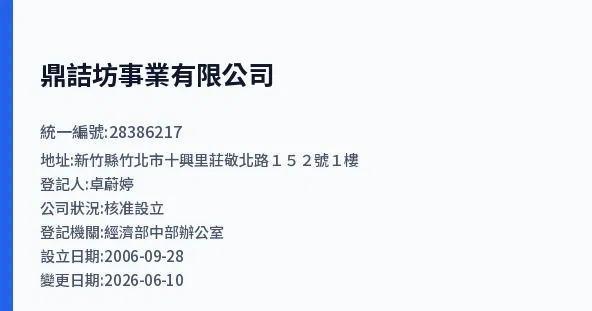 鼎詰坊事業有限公司的照片-統編 28386217(新竹縣) 公司登記資料與營業項目詳細圖表