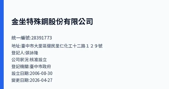金坐特殊鋼股份有限公司的照片-統編 28391773(臺中市) 公司登記資料與營業項目詳細圖表