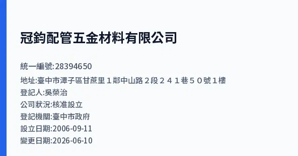 冠鈞配管五金材料有限公司的照片-統編 28394650(臺中市) 公司登記資料與營業項目詳細圖表