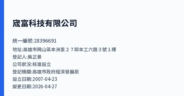 宬富科技有限公司的照片-統編 28396691(高雄市) 公司登記資料與營業項目詳細圖表
