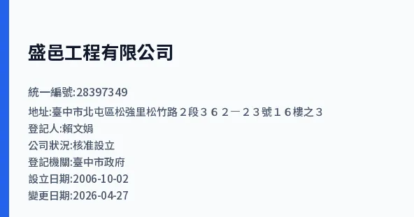 盛邑工程有限公司的照片-統編 28397349(臺中市) 公司登記資料與營業項目詳細圖表