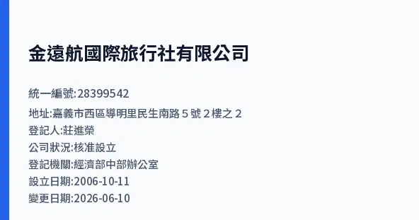 金遠航國際旅行社有限公司的照片-統編 28399542(嘉義市) 公司登記資料與營業項目詳細圖表
