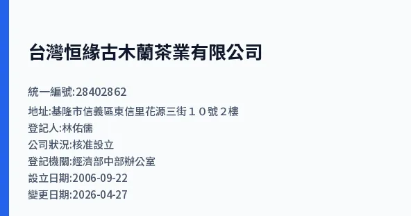 台灣恒緣古木蘭茶業有限公司的照片-統編 28402862(基隆市) 公司登記資料與營業項目詳細圖表