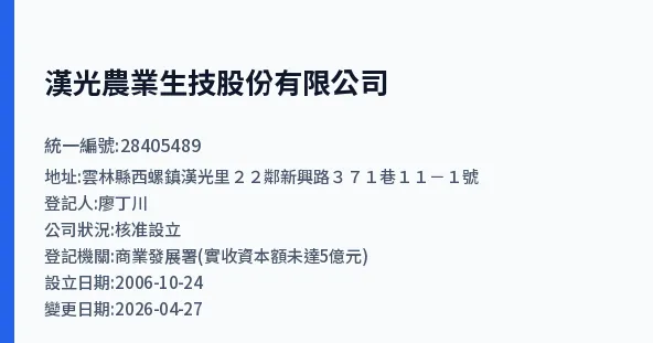 漢光農業生技股份有限公司的照片-統編 28405489(雲林縣) 公司登記資料與營業項目詳細圖表