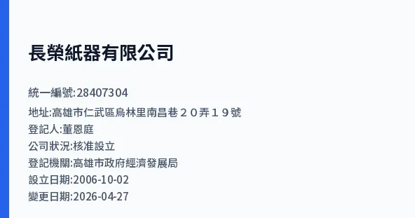 長榮紙器有限公司的照片-統編 28407304(高雄市) 公司登記資料與營業項目詳細圖表