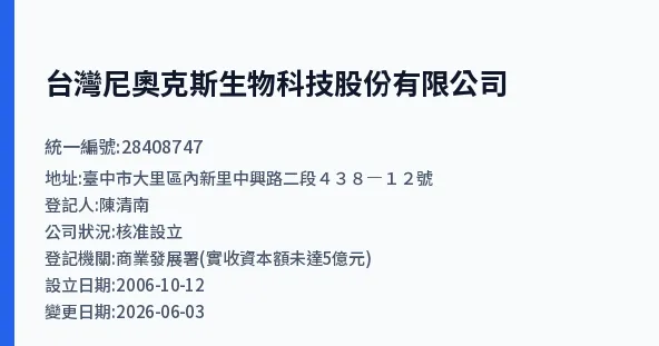 台灣尼奧克斯生物科技股份有限公司的照片-統編 28408747(臺中市) 公司登記資料與營業項目詳細圖表