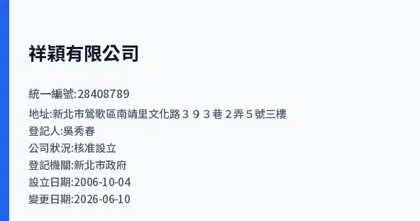 祥穎有限公司的照片-統編 28408789(新北市) 公司登記資料與營業項目詳細圖表