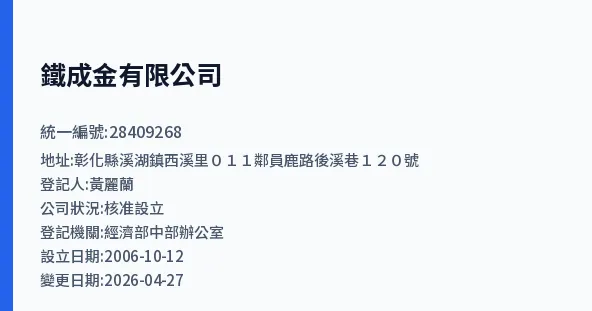 鐵成金有限公司的照片-統編 28409268(彰化縣) 公司登記資料與營業項目詳細圖表