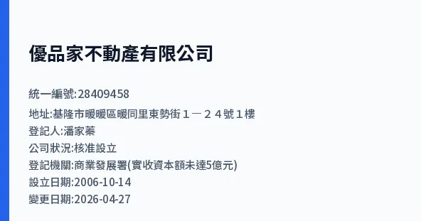 優品家不動產有限公司的照片-統編 28409458(基隆市) 公司登記資料與營業項目詳細圖表