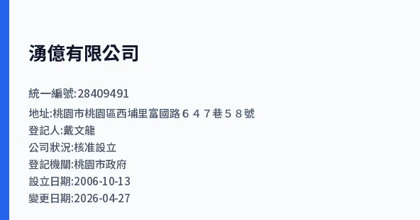 湧億有限公司的照片-統編 28409491(桃園市) 公司登記資料與營業項目詳細圖表