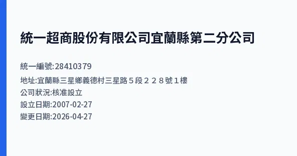 統一超商股份有限公司宜蘭縣第二分公司的照片-統編 28410379(宜蘭縣) 公司登記資料與營業項目詳細圖表