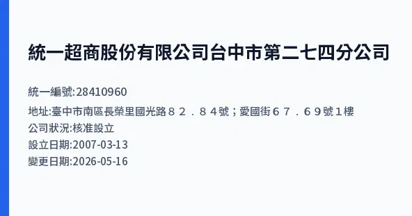 統一超商股份有限公司台中市第二七四分公司的照片-統編 28410960(臺中市) 公司登記資料與營業項目詳細圖表