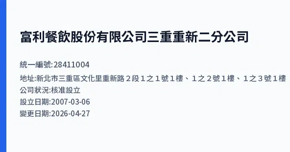 富利餐飲股份有限公司三重重新二分公司的照片-統編 28411004(新北市) 公司登記資料與營業項目詳細圖表