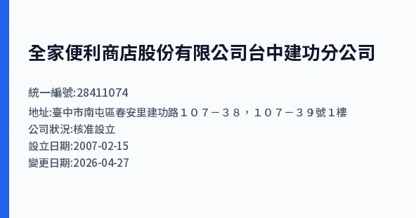 全家便利商店股份有限公司台中建功分公司的照片-統編 28411074(臺中市) 公司登記資料與營業項目詳細圖表