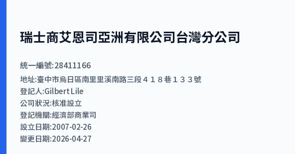 瑞士商艾恩司亞洲有限公司台灣分公司的照片-統編 28411166(臺中市) 公司登記資料與營業項目詳細圖表