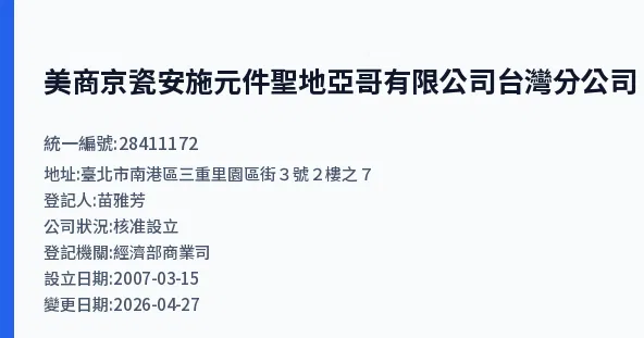 美商京瓷安施元件聖地亞哥有限公司台灣分公司的照片-統編 28411172(臺北市) 公司登記資料與營業項目詳細圖表