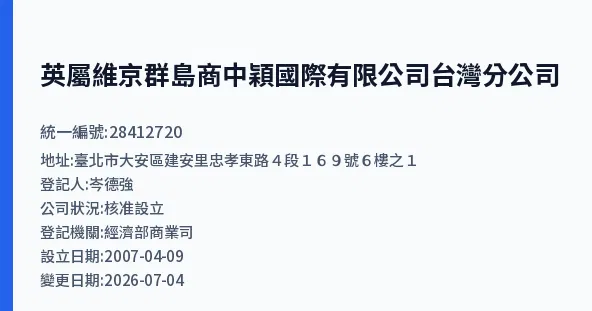 英屬維京群島商中穎國際有限公司台灣分公司的照片-統編 28412720(臺北市) 公司登記資料與營業項目詳細圖表