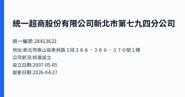 統一超商股份有限公司新北市第七九四分公司的照片-統編 28413621(新北市) 公司登記資料與營業項目詳細圖表