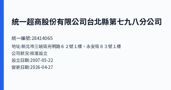 統一超商股份有限公司台北縣第七九八分公司的照片-統編 28414065(新北市) 公司登記資料與營業項目詳細圖表